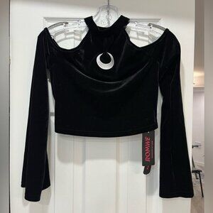 Tops | Goth Black Velvet Moon Embroidery Halter Neck Cut Shoulder Long ...